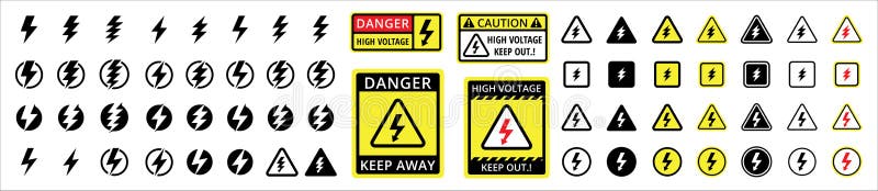 High Voltage Sign. Lightning Bolt Icon Set. Electric Shock Caution ...