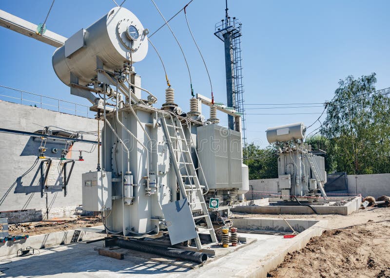 High-voltage Substation on Blue Sky Background Stock Photo - Image of ...