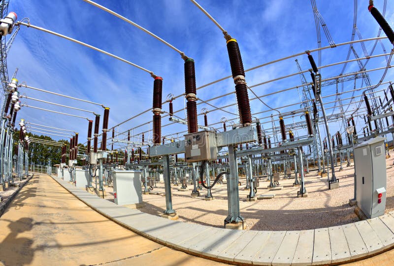 High Voltage Switchyard in Fisheye Perspective Stock Photo - Image of ...