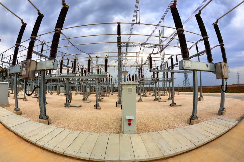 High Voltage Switchyard in Fisheye Perspective Stock Photo - Image of ...