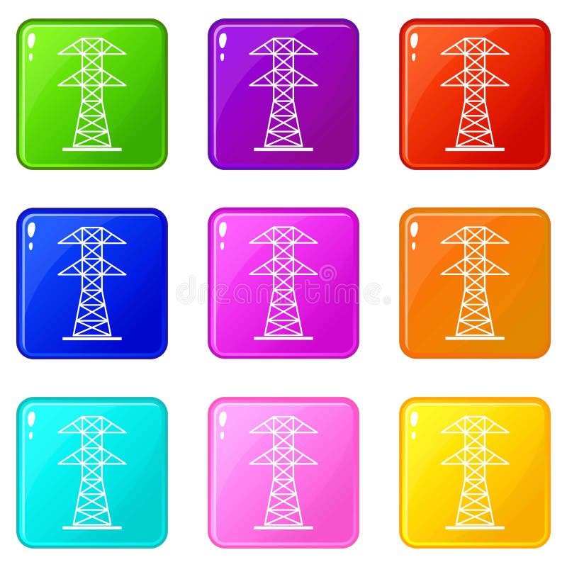 High Voltage Tower Icons 9 Set Stock Vector - Illustration of sign ...