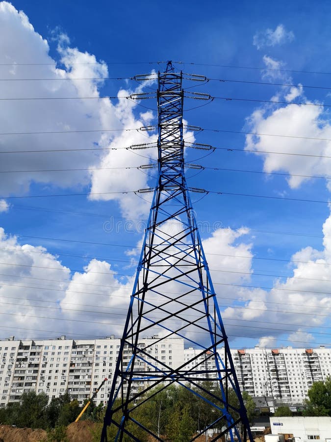 High-voltage Tower, Post Blue Sky and Clouds Background Stock ...