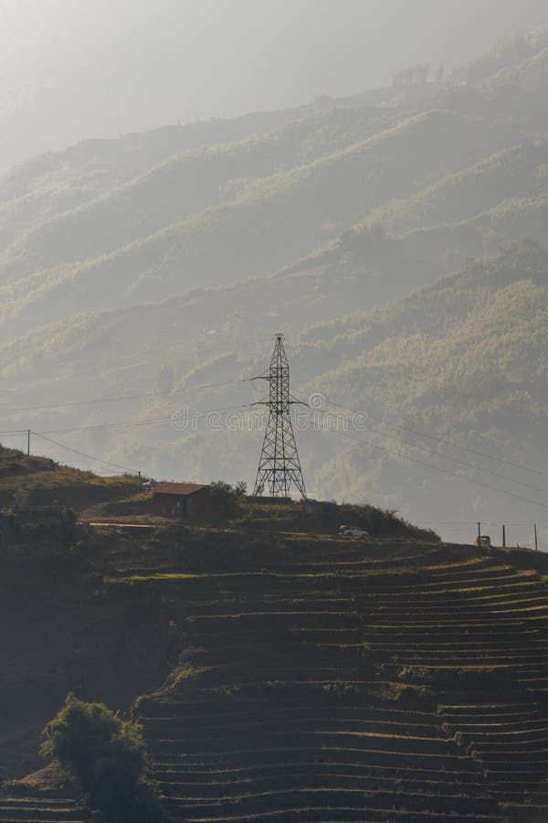 High Voltage Tower on Rice Fields Stock Image - Image of connection ...
