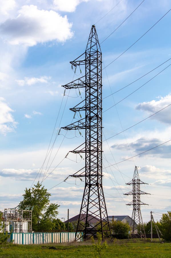 High-voltage Tower Sky Background. Electricity Distribution Station ...
