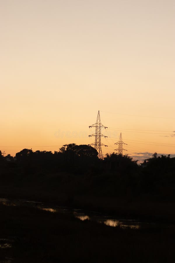 High Voltage Tower with Sunset View. Stock Image - Image of voltage ...