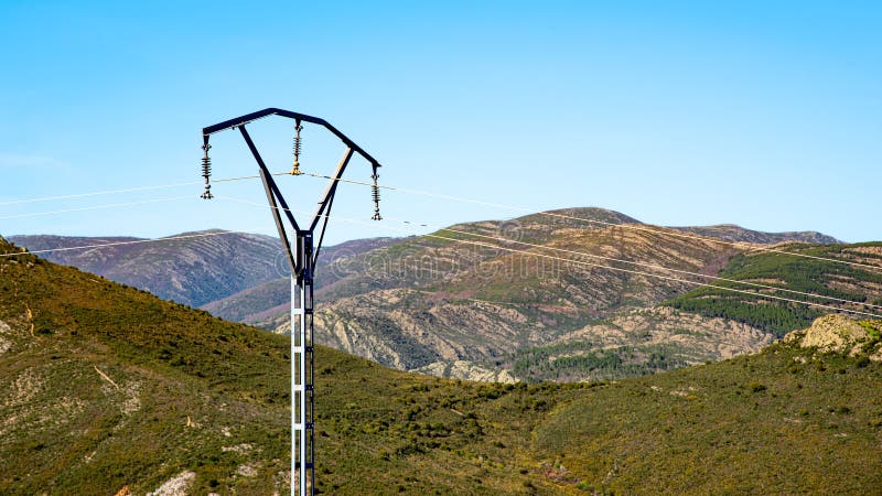 A High Voltage Tower with Three Cables Stock Photo - Image of metal ...