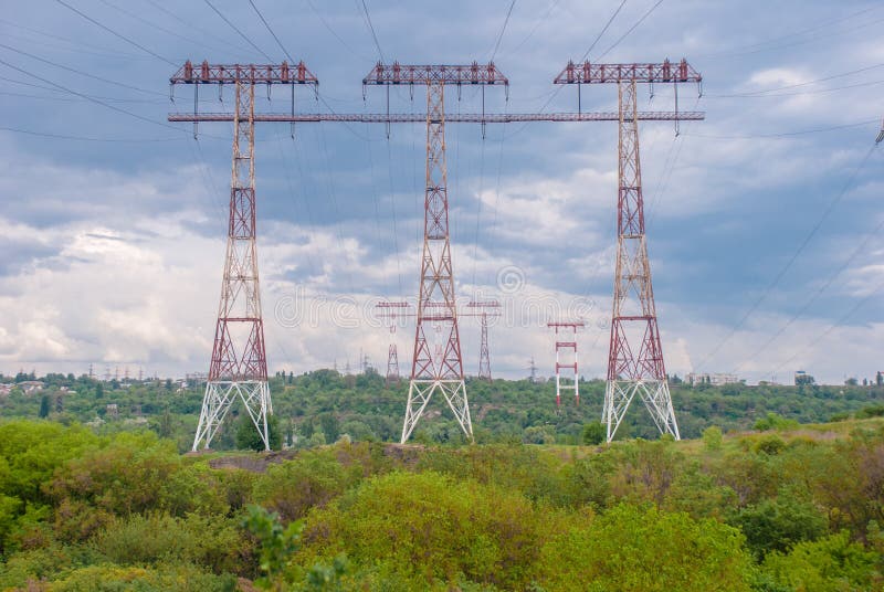 High-voltage Towers or High-voltage Energy Retransmission Grids Stock ...