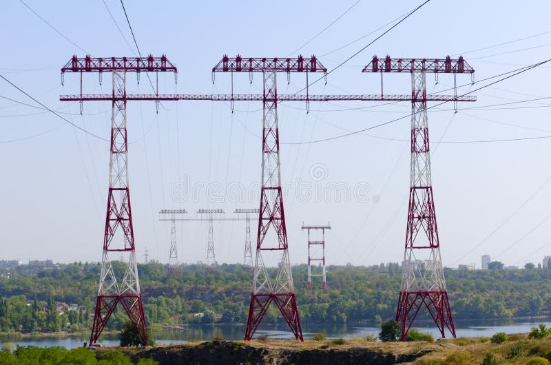 Towers with Power Lines Along Which Wires are Stretched with the ...