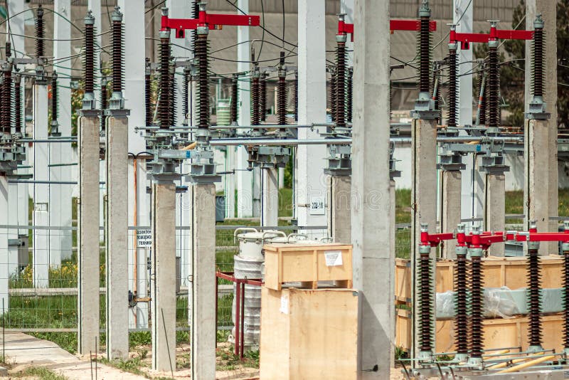 High-voltage Transformer Substation. High Voltage Power Lines Stock ...