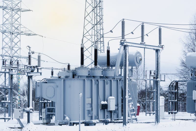 High Voltage Transformer Substation in Winter Stock Photo - Image of ...