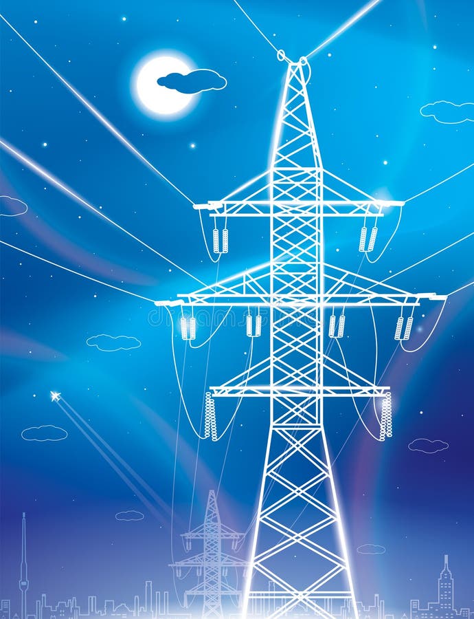 High Voltage Transmission Systems. Electric Pole. Neon Glow. Power ...