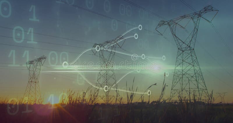 High-voltage Transmission Tower Glowing Nodes Over Field Linking Binary ...