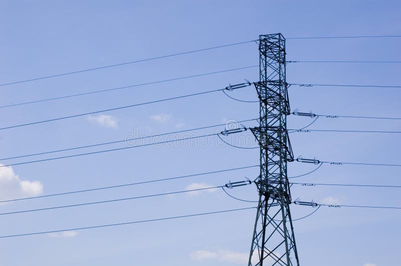 High Voltage Transmission Tower Over Blue Sky. Stock Image - Image of ...