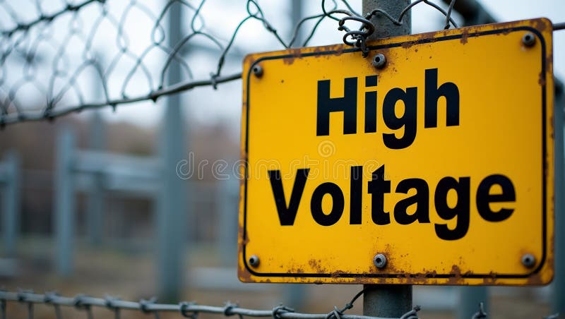High Voltage Warning Sign on Wire Fence with Electrical Equipment Stock ...