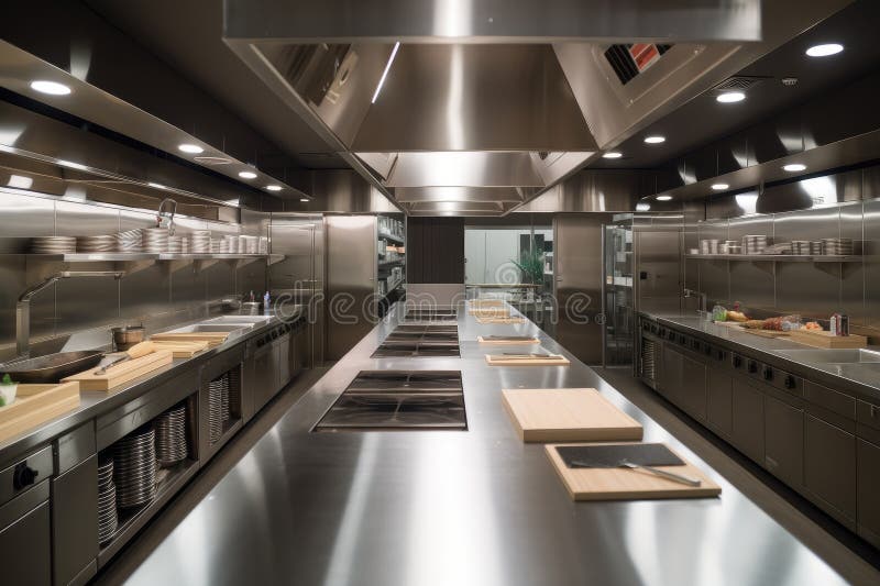 High-volume Kitchen with Row of Cooking Stations, Each Equipped with ...