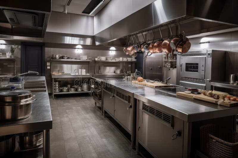 High-volume Kitchen with Row of Cooking Stations, Each Equipped with ...