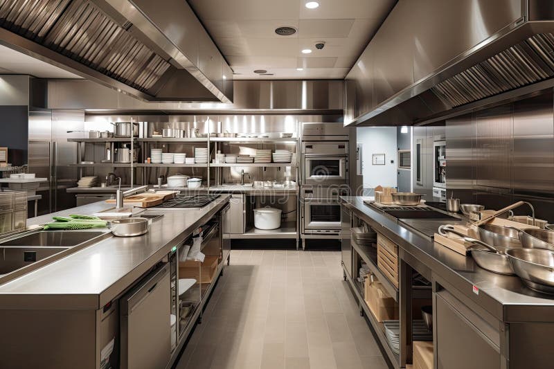 High-volume Kitchen with Row of Cooking Stations, Each Equipped with ...