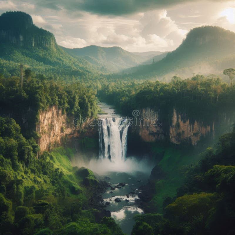High Waterfall in Dense Forest with a Clear Blue Sky Above Stock ...