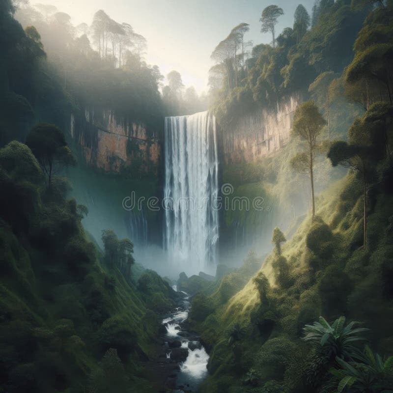 High Waterfall in Dense Forest with a Clear Blue Sky Above Stock ...