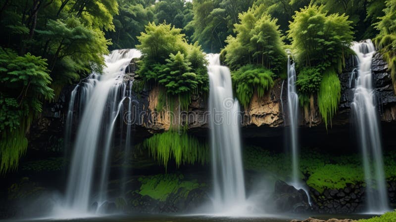 High Waterfall in Dense Forest with a Clear Blue Sky Above Stock ...