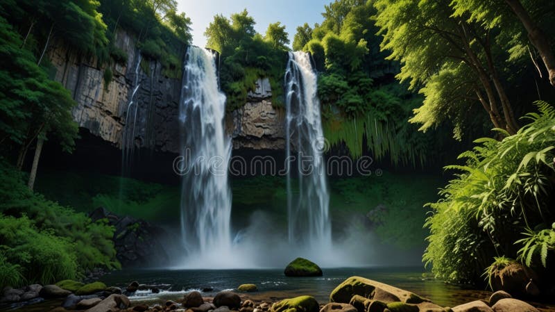 High Waterfall in Dense Forest with a Clear Blue Sky Above Stock ...