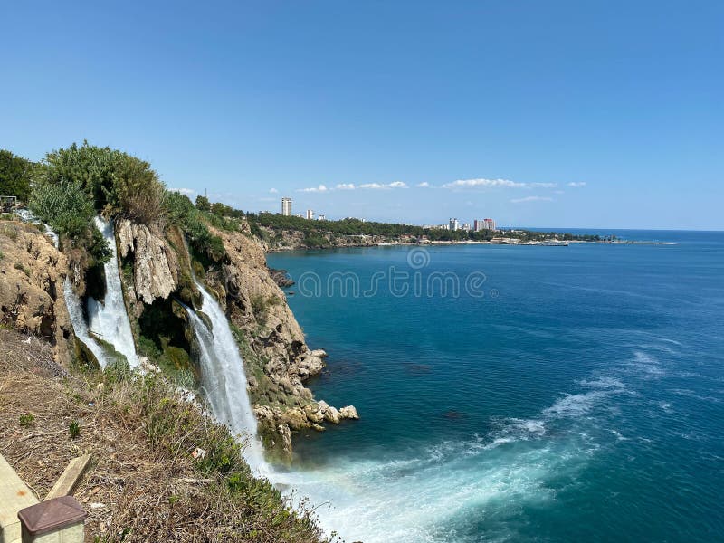 High Waterfall Falling Down into the Ocean Stock Image - Image of ...