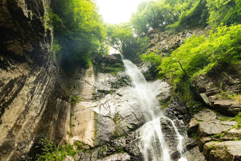 A High Waterfall in a Green Forest with Rocks Stock Photo - Image of ...
