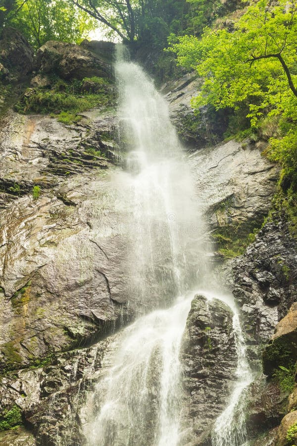 A High Waterfall in a Green Forest with Rocks Stock Image - Image of ...