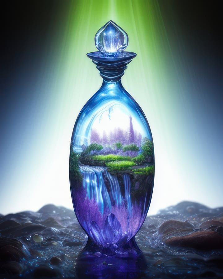 High Waterfall with Green Landscape on Top of a Hill in a Bottle with a ...