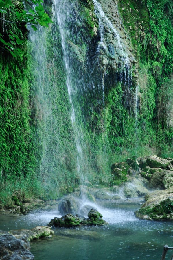 High Waterfall on a Green Slope Stock Image - Image of adventure, slope ...
