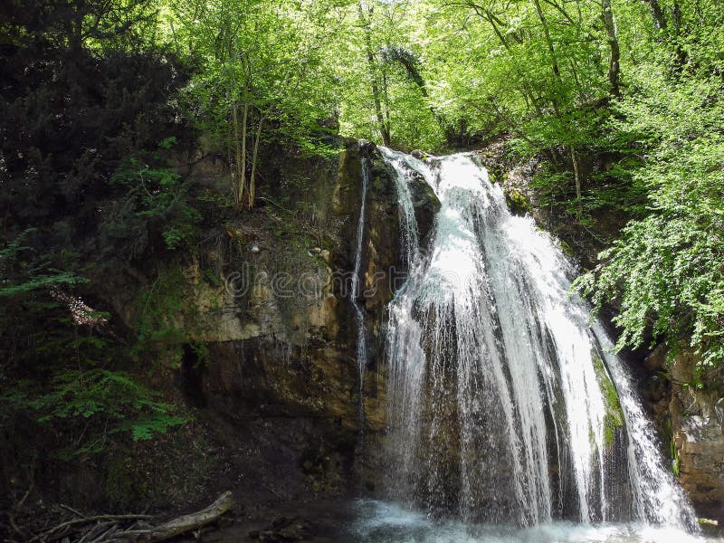 High Waterfall from a Mountain River in the Green Spring Forest Stock ...