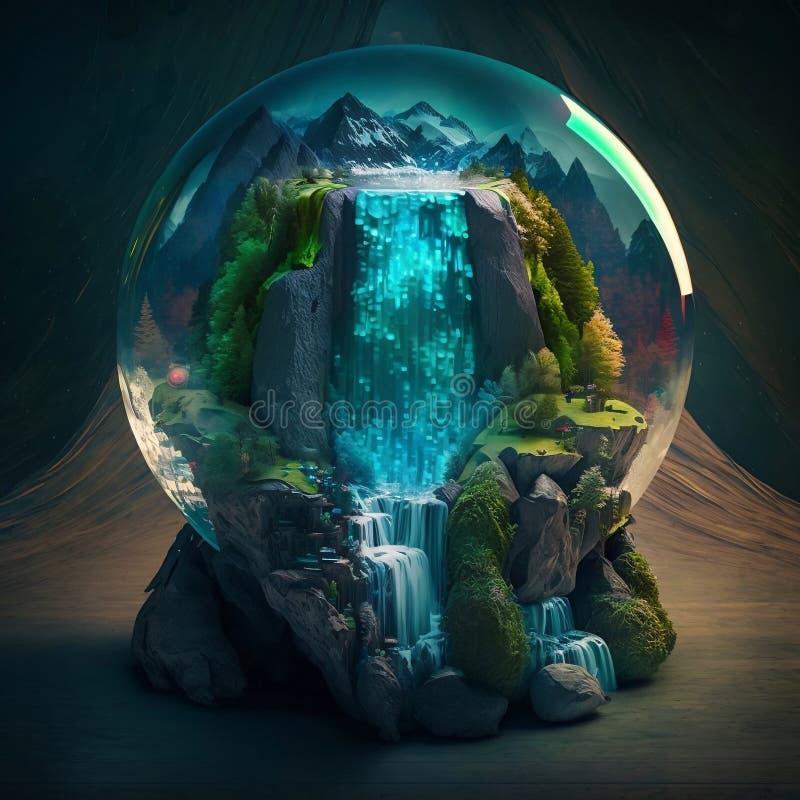 High Waterfall Scenery Inside of Globe Stock Illustration ...