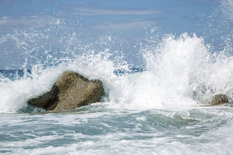High Wave Breaking on the Rocks of the Coastline. Stock Image - Image ...