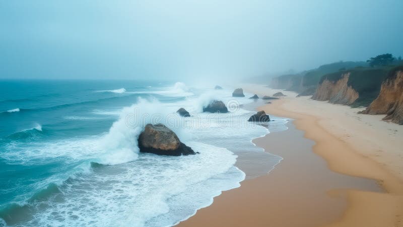 High Waves Hitting Large Rocks Along Misty Coast. AI Generation Stock ...