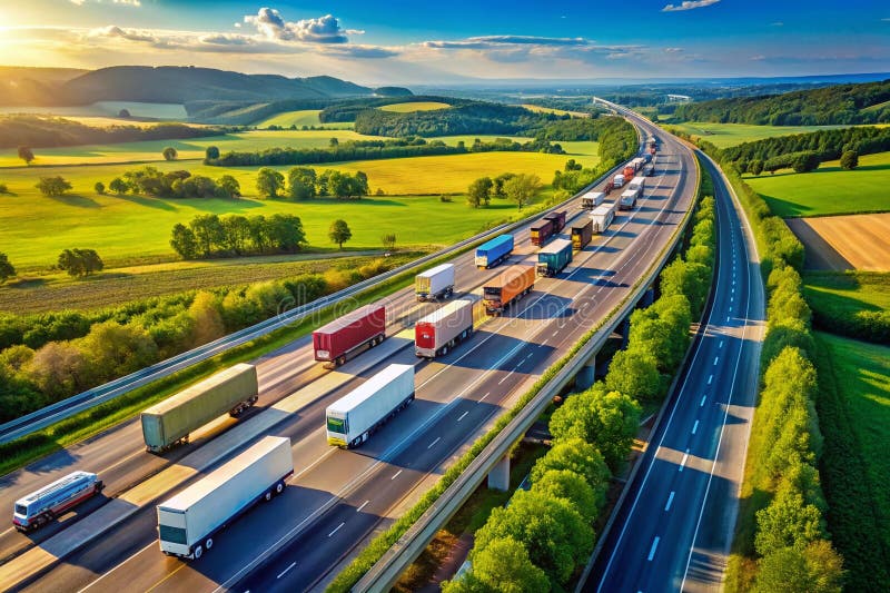 HighAngle Perspective of a Busy Interstate Highway System Freight ...