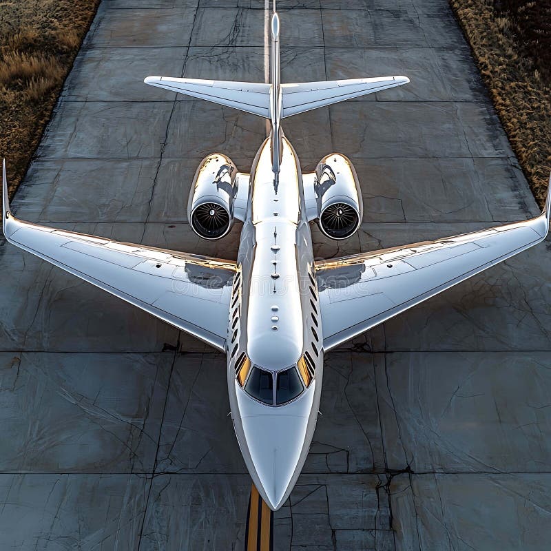 Highangle Shot of a Gleaming Silver Private Jet on a Runway, Ready for Takeoff Stock ...