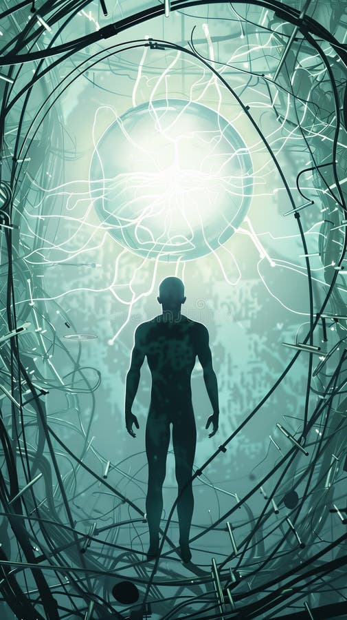 Higher Intelligence. Human Silhouette in Neural Structures on Blue ...