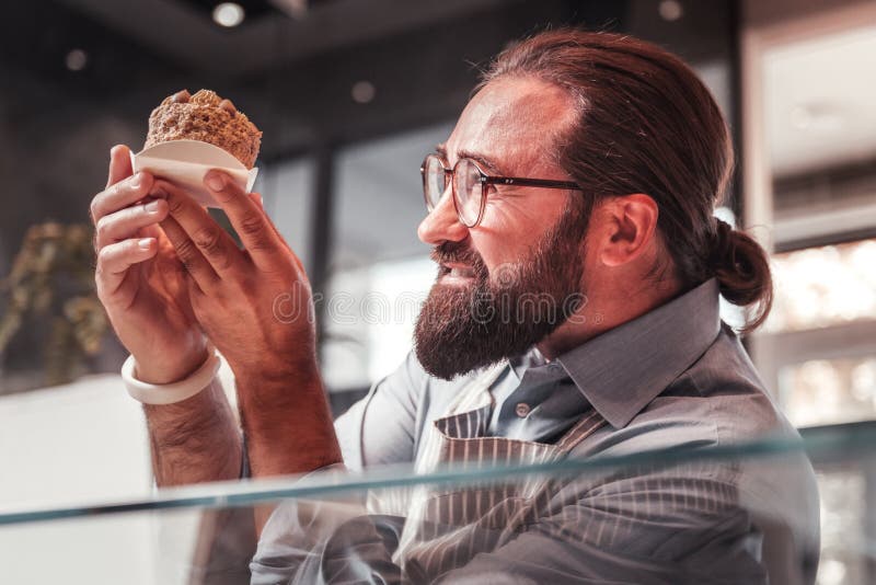 Man Checking the Quality of Fresh Cake Stock Image - Image of bakery ...