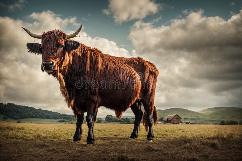 Highland Cow in the Field with Dramatic Sky Stock Illustration ...