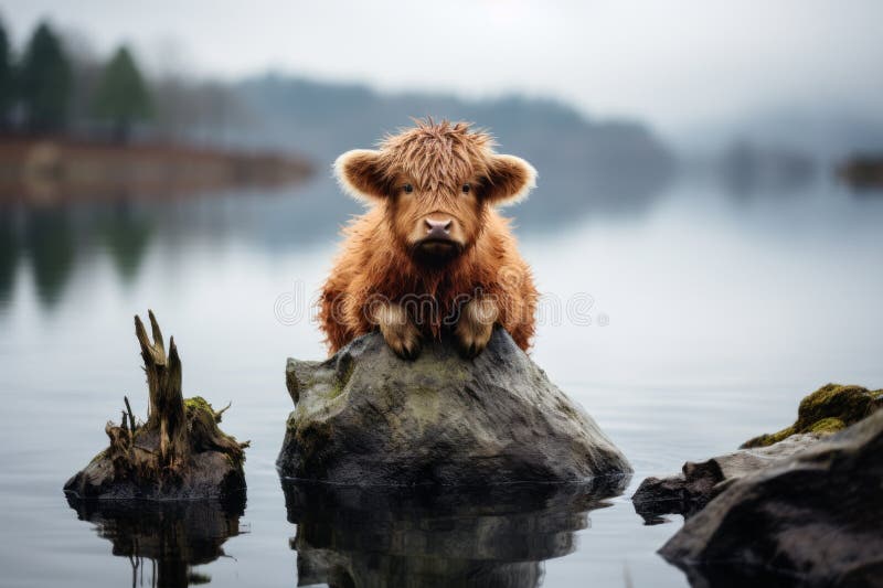Highland Cow Sitting on a Rock in the Middle of a Lake Stock ...