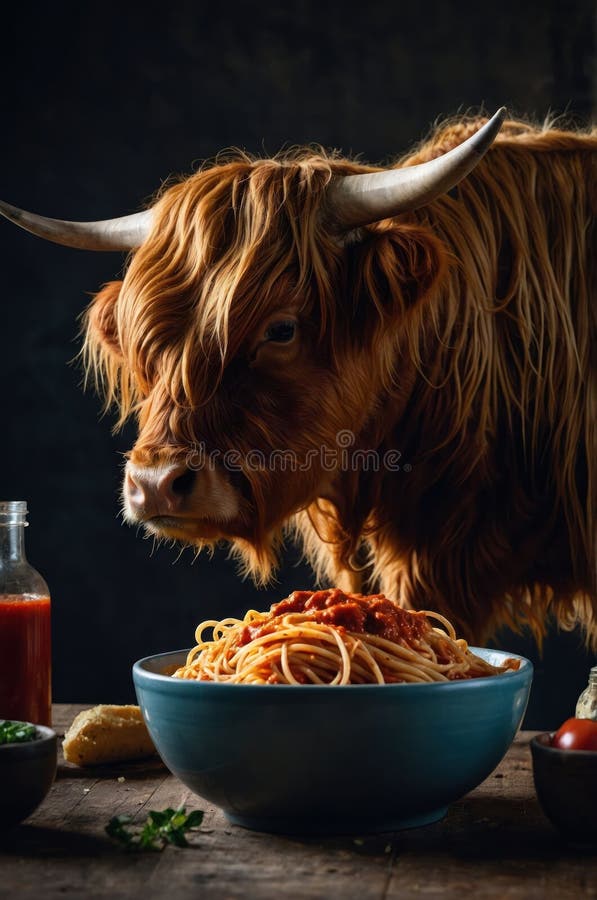 Highland Cow Gazing at Delicious Spaghetti with Tomato Sauce Stock ...