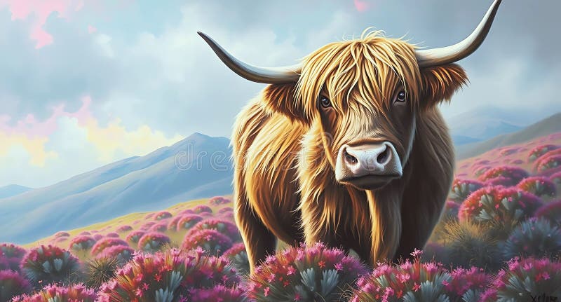 Highland Cow in Wild Heather Stock Illustration - Illustration of herd ...