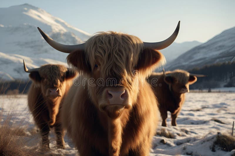 Highland Cows in the Snow on the Background of Mountains Stock ...