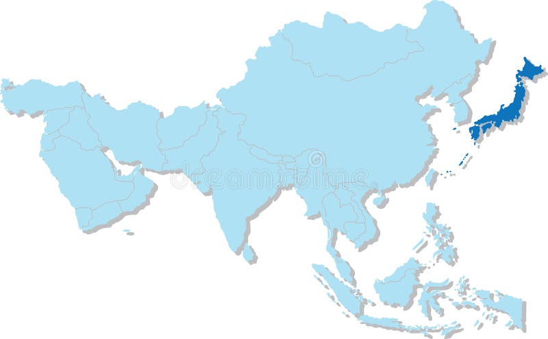Highlighted Blue Map of JAPAN Inside Light Blue 3D Map of Asia with Low ...