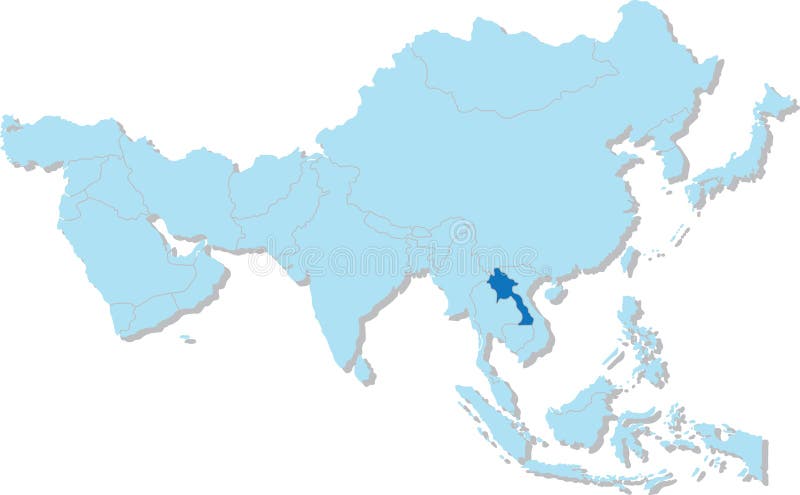 Highlighted Blue Map of LAOS Inside Light Blue 3D Map of Asia with Low ...