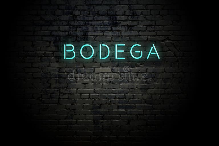 Highlighted Brick Wall with Neon Inscription Bodega Stock Photo - Image ...