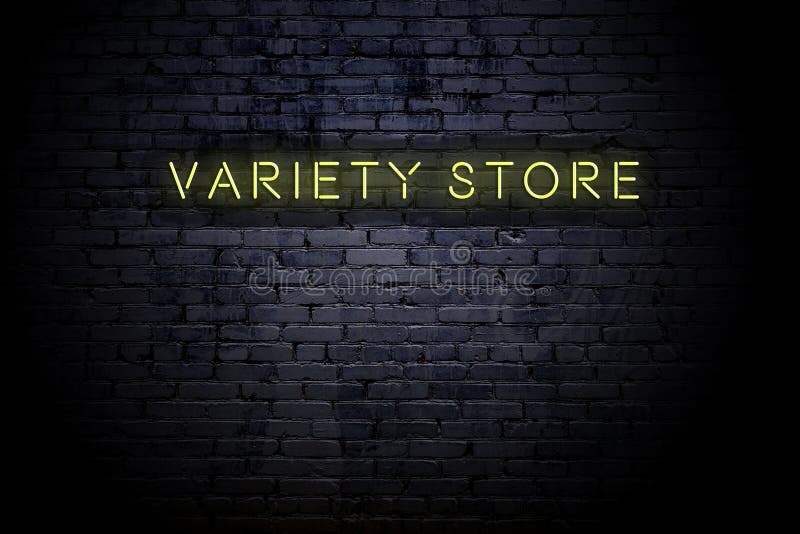 Highlighted Brick Wall with Neon Inscription Variety Store Stock Photo ...