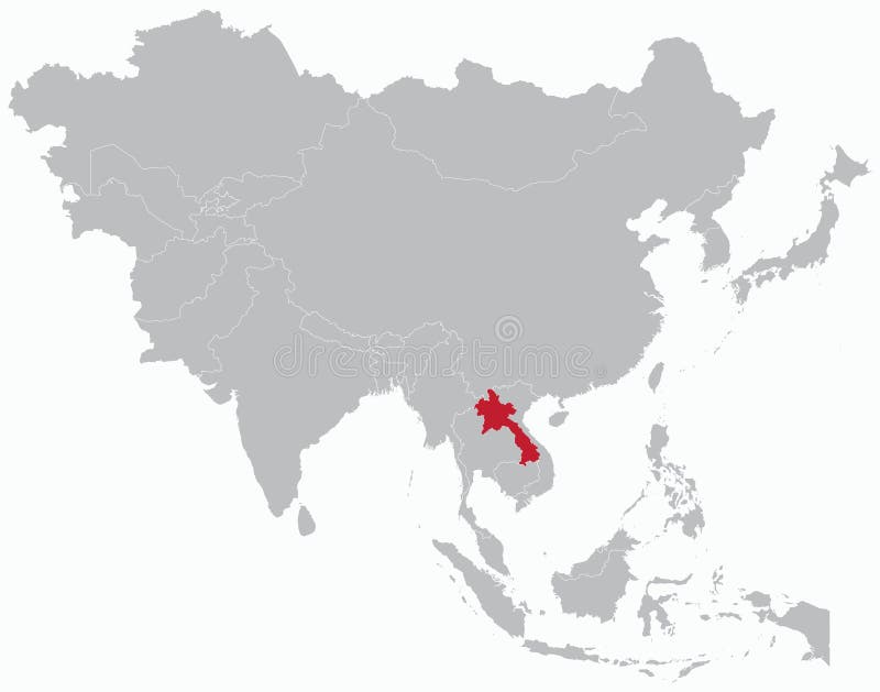 Highlighted Red Map of LAOS Inside Grey Map of Asia with High Details ...