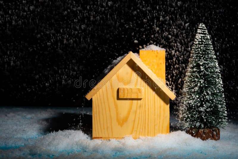 Highlighted Scene of House & Christmas Tree with Snow Stock Photo ...
