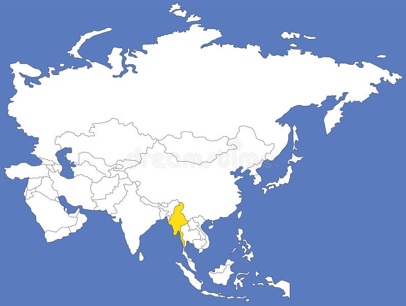 Highlighted Yellow Map of MYANMAR Inside White Map of Asia with Low ...